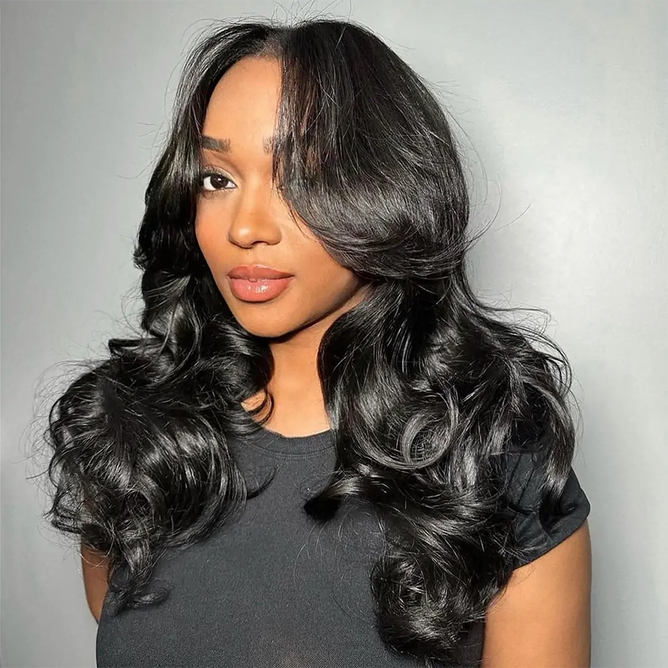 Hot Star Double Drawn Curtain Bangs 13x6 Lace Front Wig 6x5 Glueless R ...